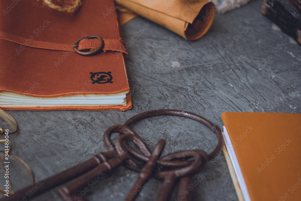 old keys and symbols in wood and with little natural light Stock Photo ...