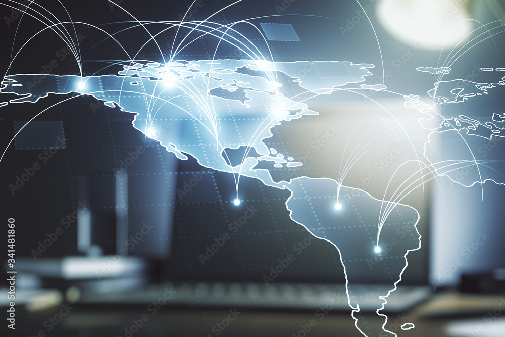 Double exposure of abstract digital world map with connections on ...