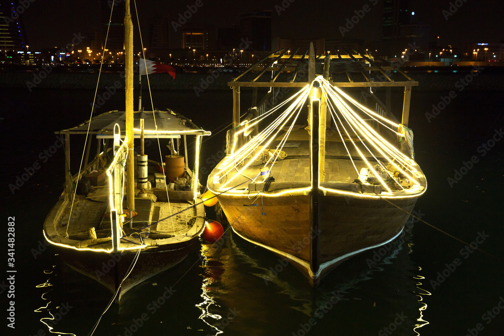 Illuminate traditional dhow during sea festival at Bahrain Stock Photo ...