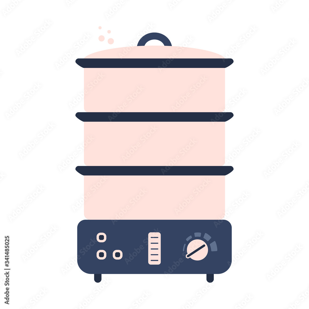 Flat electric food steamer icon, kitchen appliance. Cute blue and pink ...