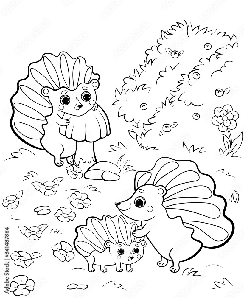 Cute cartoon hedgehog family vector coloring page outline. Vector image ...