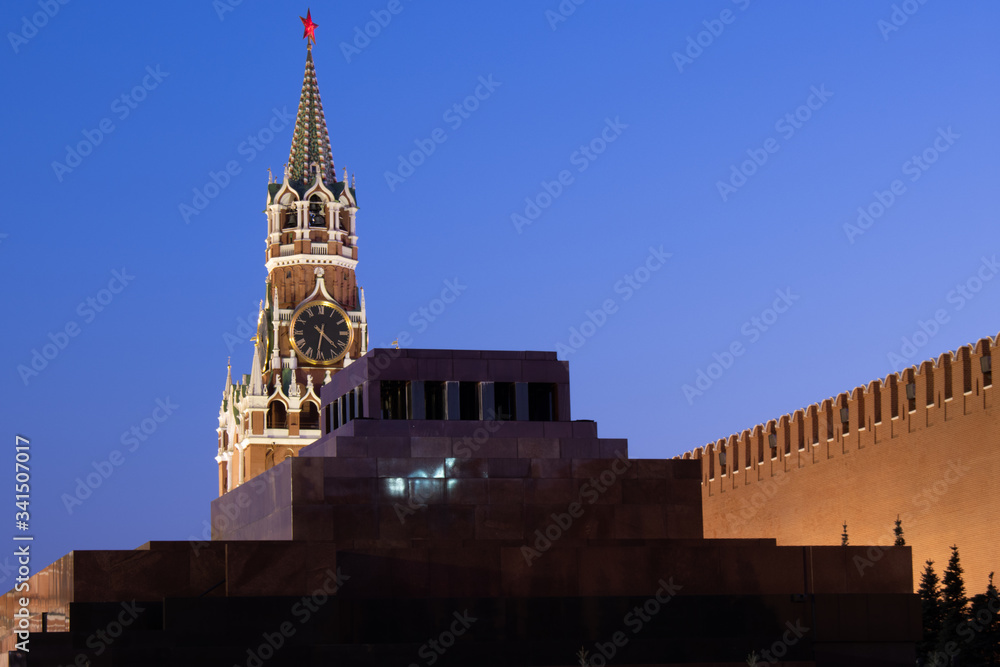 Lenin's Mausoleum on the background of the Spasskaya Tower during ...