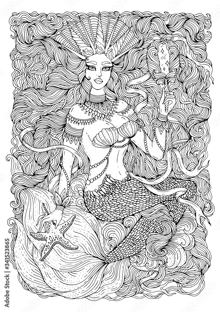 Vector drawing fantastic sea mermaid with developing long wavy hair ...