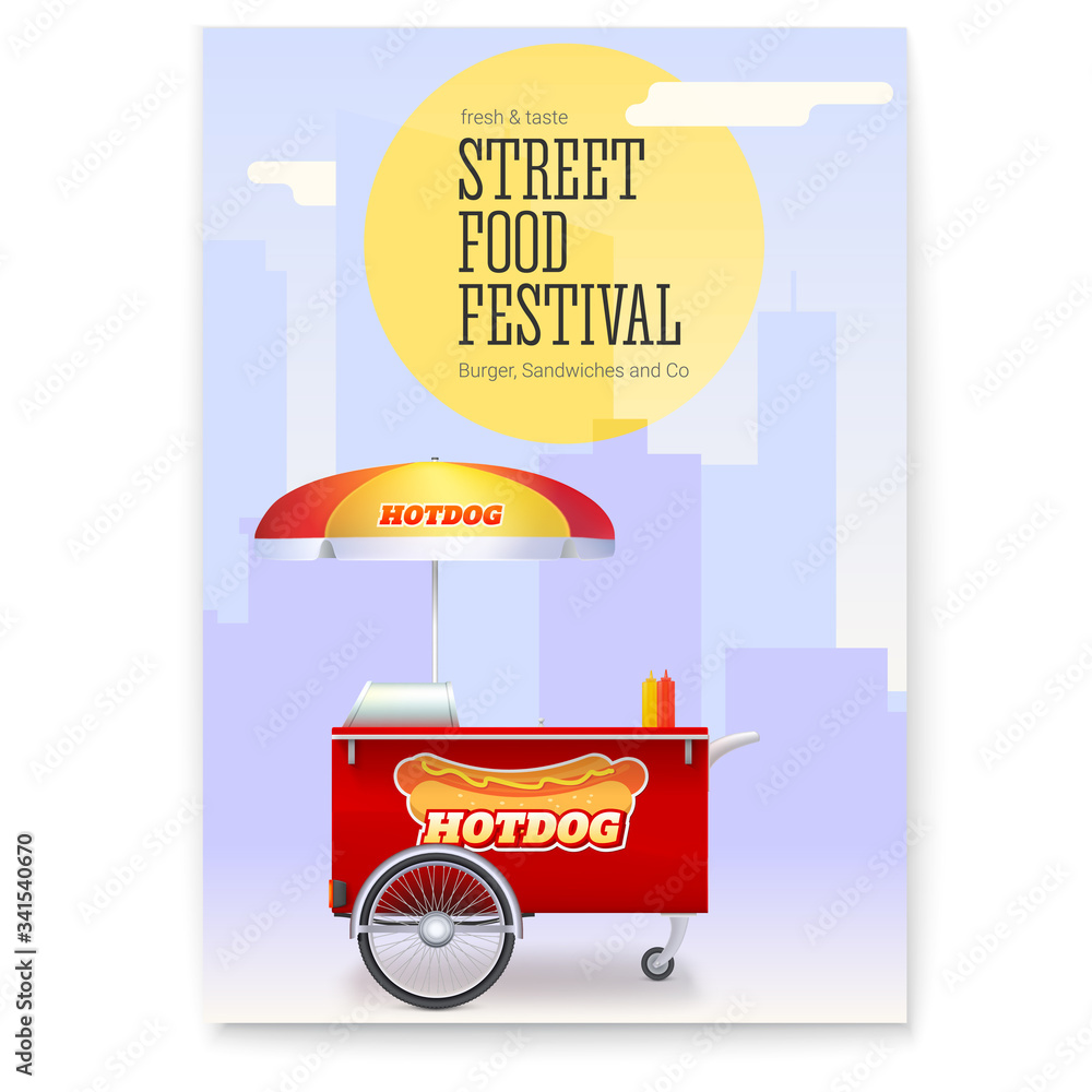 Poster with fast food cart on backdrop of big city. Template for street ...