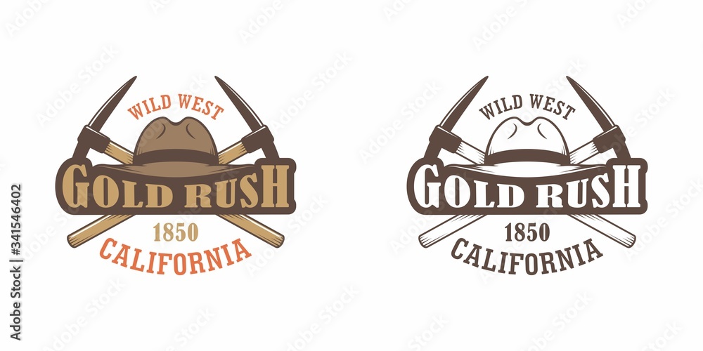 Set of color illustrations cowboy hat, crossed pickaxes and text on a ... Set of color illustrations cowboy hat, crossed pickaxes and text on a ...