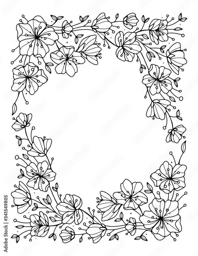 Floral hand drawn spring frame. Coloring page. Doodle flowers ...