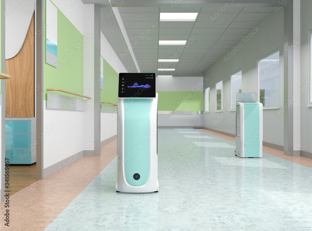 Medical delivery robots moving in hospital. Infection prevention ...