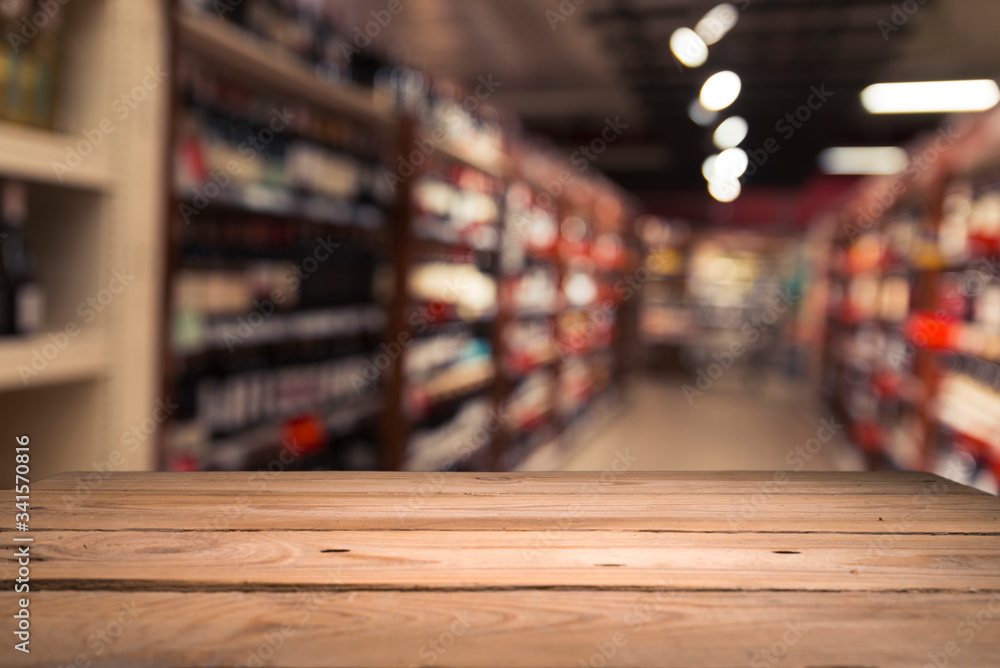 Supermarket background, Counter over blur grocery background, Wooden ...