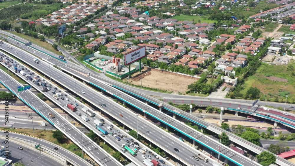Aerial top View of freeway busy city rush hour heavy traffic jam ...