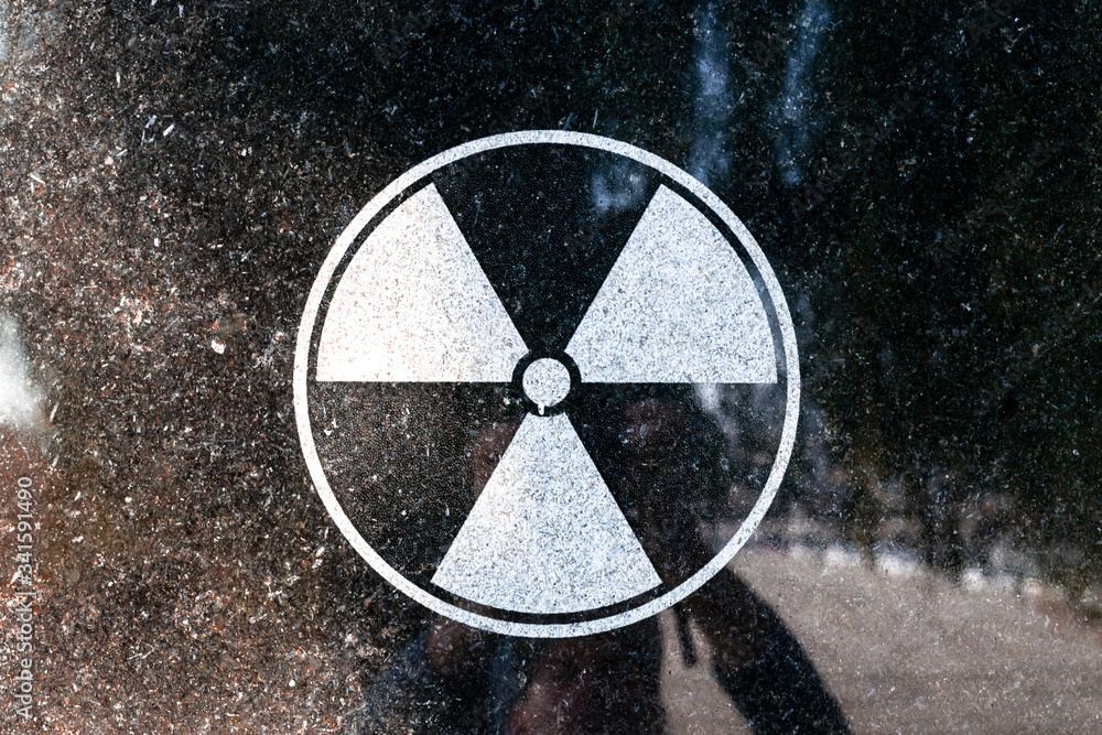 radioactive energy symbol on the concrete stone. Memorial in Tiraspol ...
