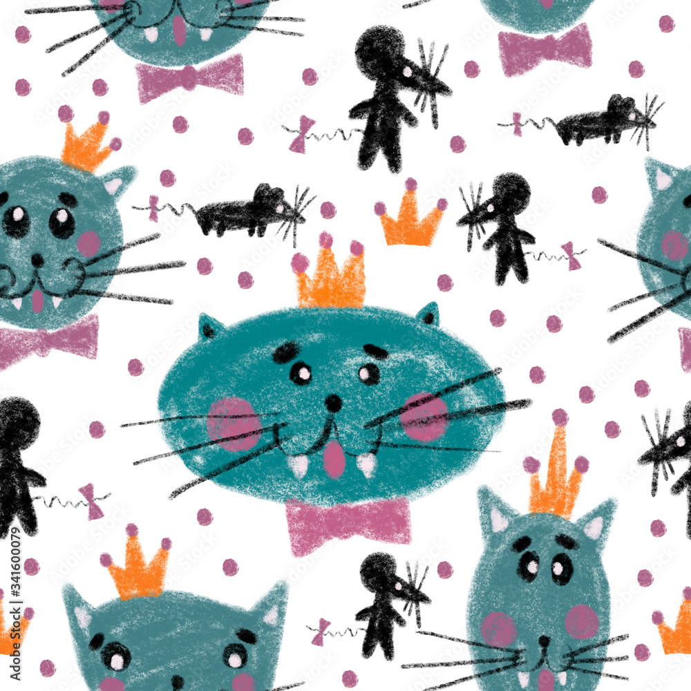 Hand drawn illustration pastel color cat, mouse and polka dots on the ...