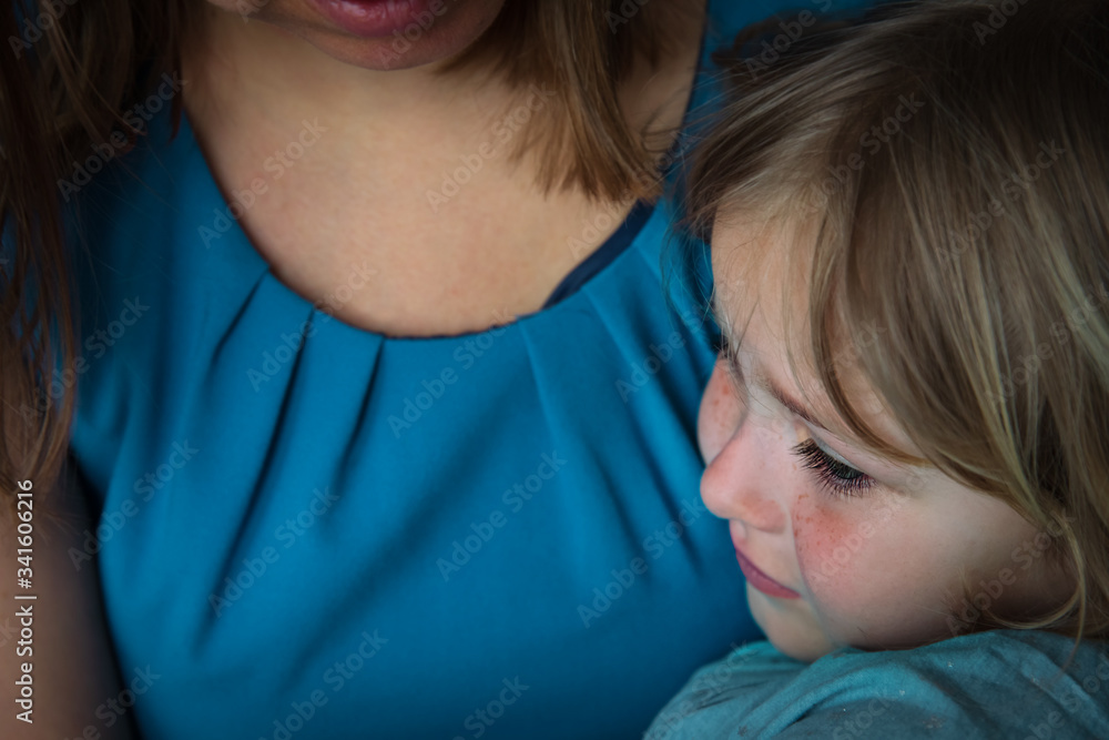 sad crying little girl hugging mother, kids anxiety and stress Stock ...