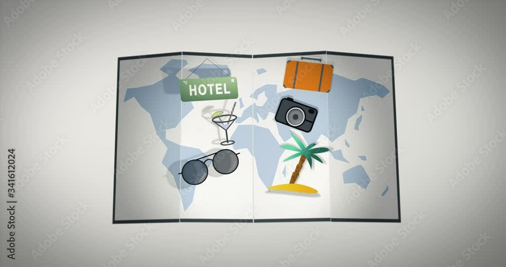 Fold world map with vacation icons popping out. Digital animation on ...