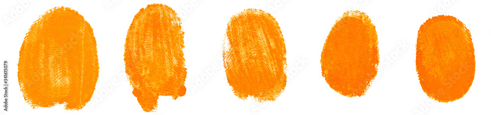 Set of five orange fingerprints isolated on white background. Biometric ...