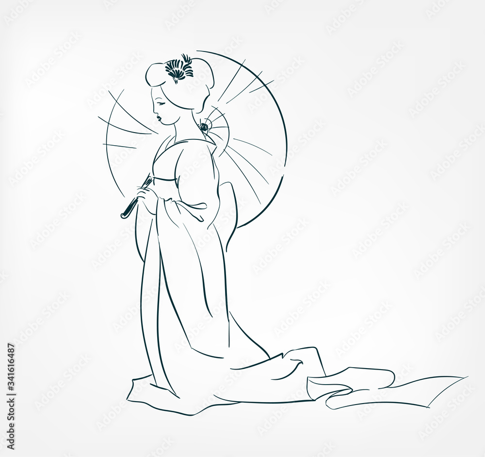 japanese girl traditional dress kimono sketch line vector illustration ...