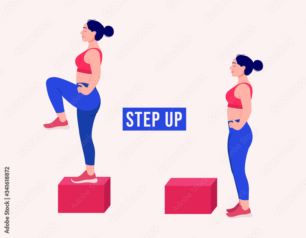Girl doing Step Up exercise, Woman workout fitness, aerobic and ...