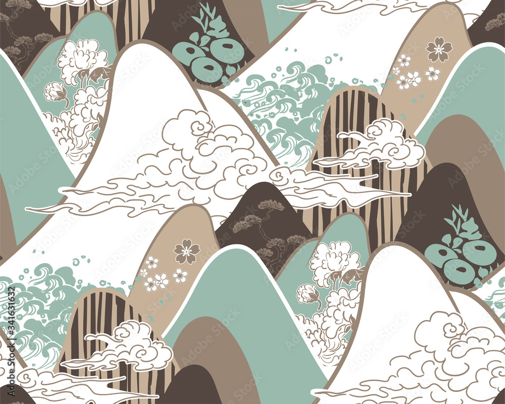 mountains traditional geometric kimono pattern vector sketch ...