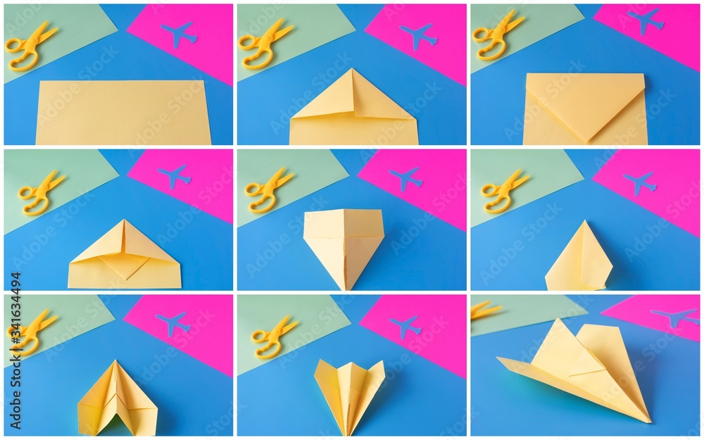 Step by step instructions for creating a paper airplane. Stock Photo ...