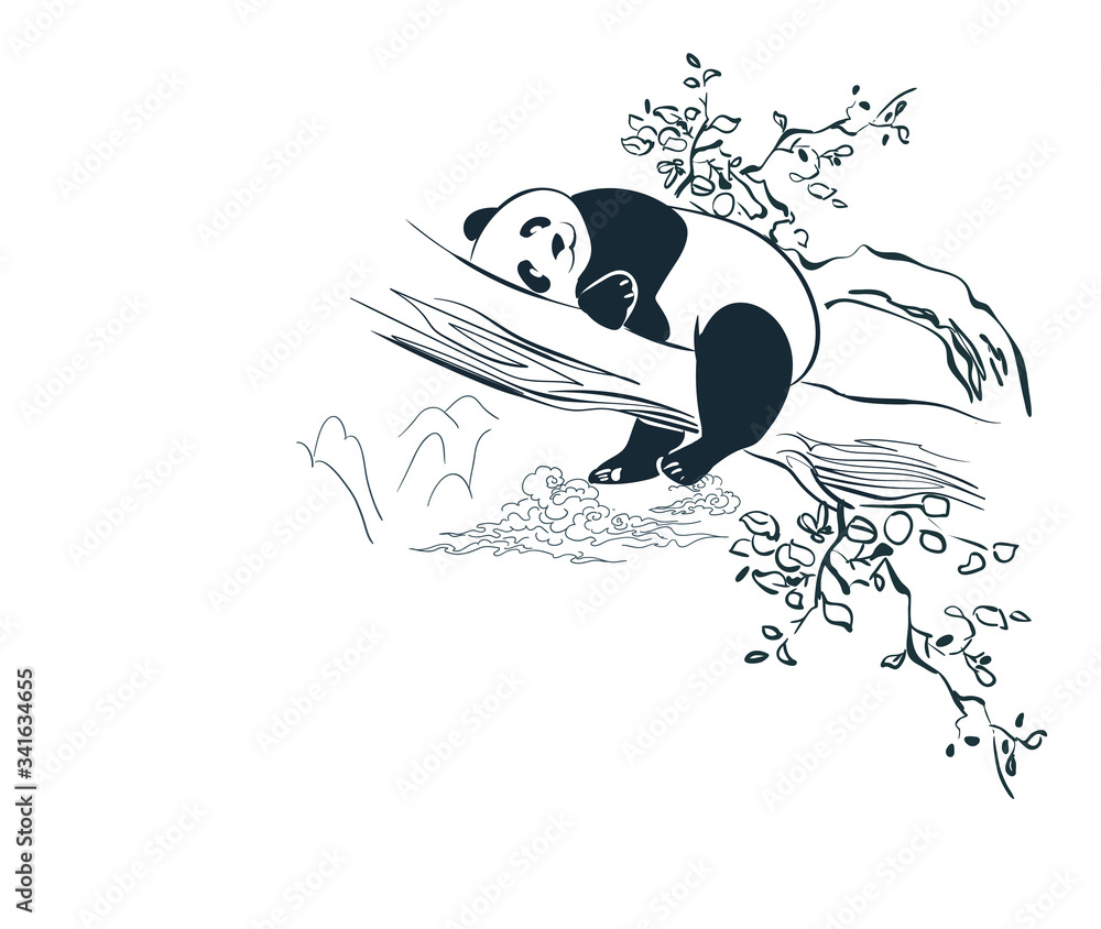 panda sleep tree sketch vector japanese chinese design isolated ...