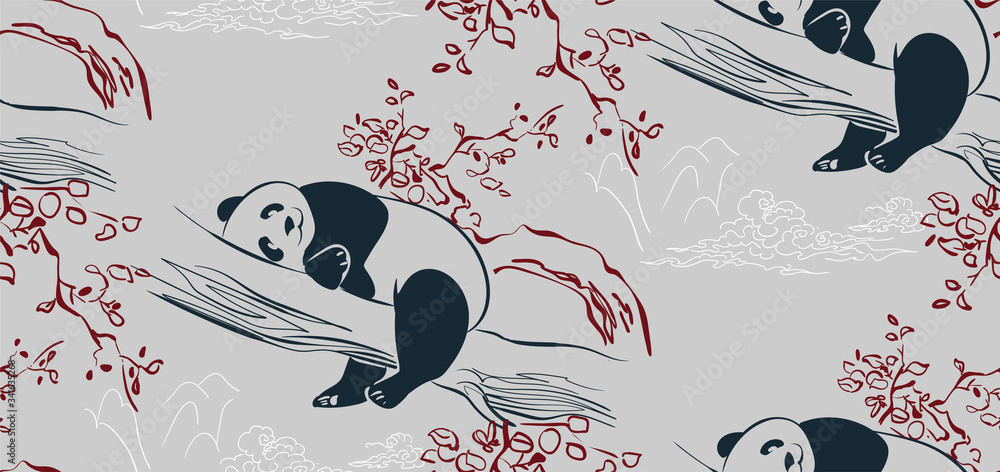 panda bear sketch vector japanese chinese design seamless pattern Stock ...