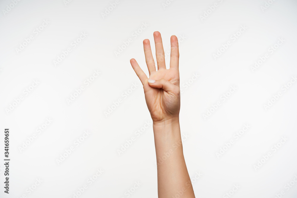 Horizontal shot of raised young pretty lady's hand showing up four ...