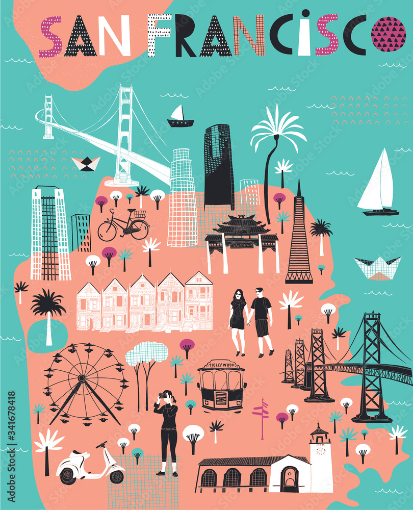 Cartoon map of San Francisco. California. Print design Stock Vector ...
