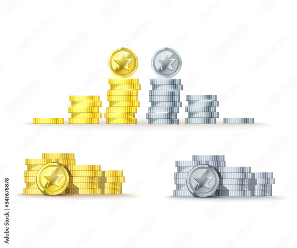 vector silver and gold stack of coins pile and coin with star on top ...