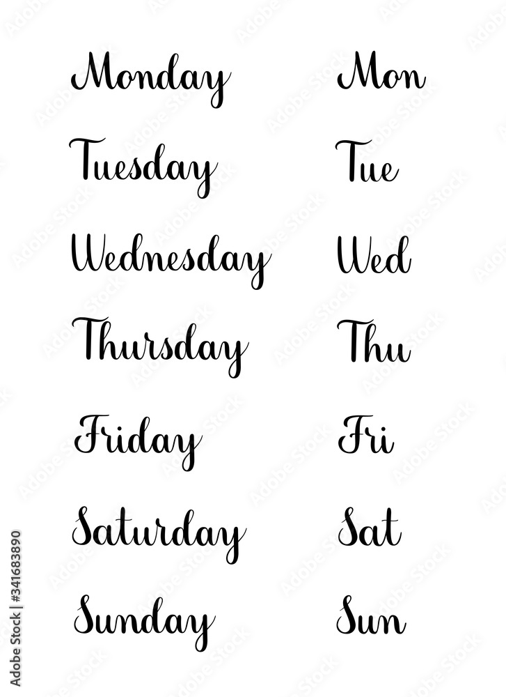 Set of handwritten days of the week. Black vector text elements ...