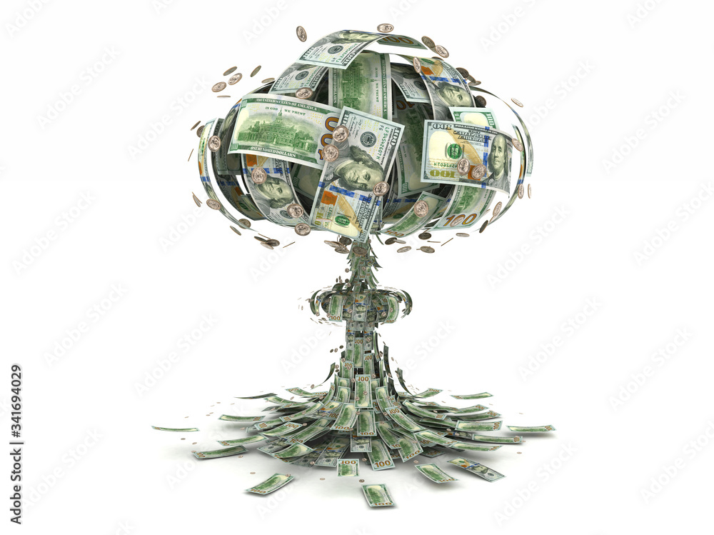 Explosion of dollar banknotes and coins on white background. 3d ...