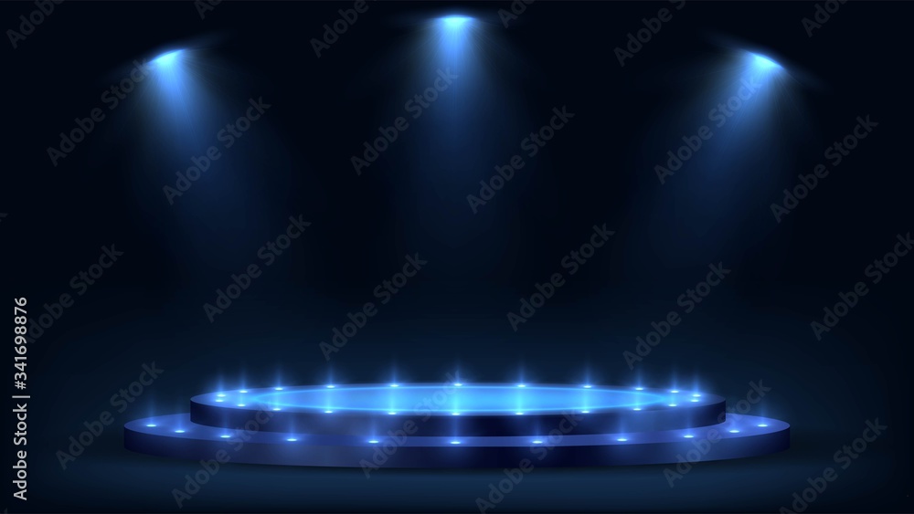 Round blue luminous stage with steps and spotlights, futuristic ...