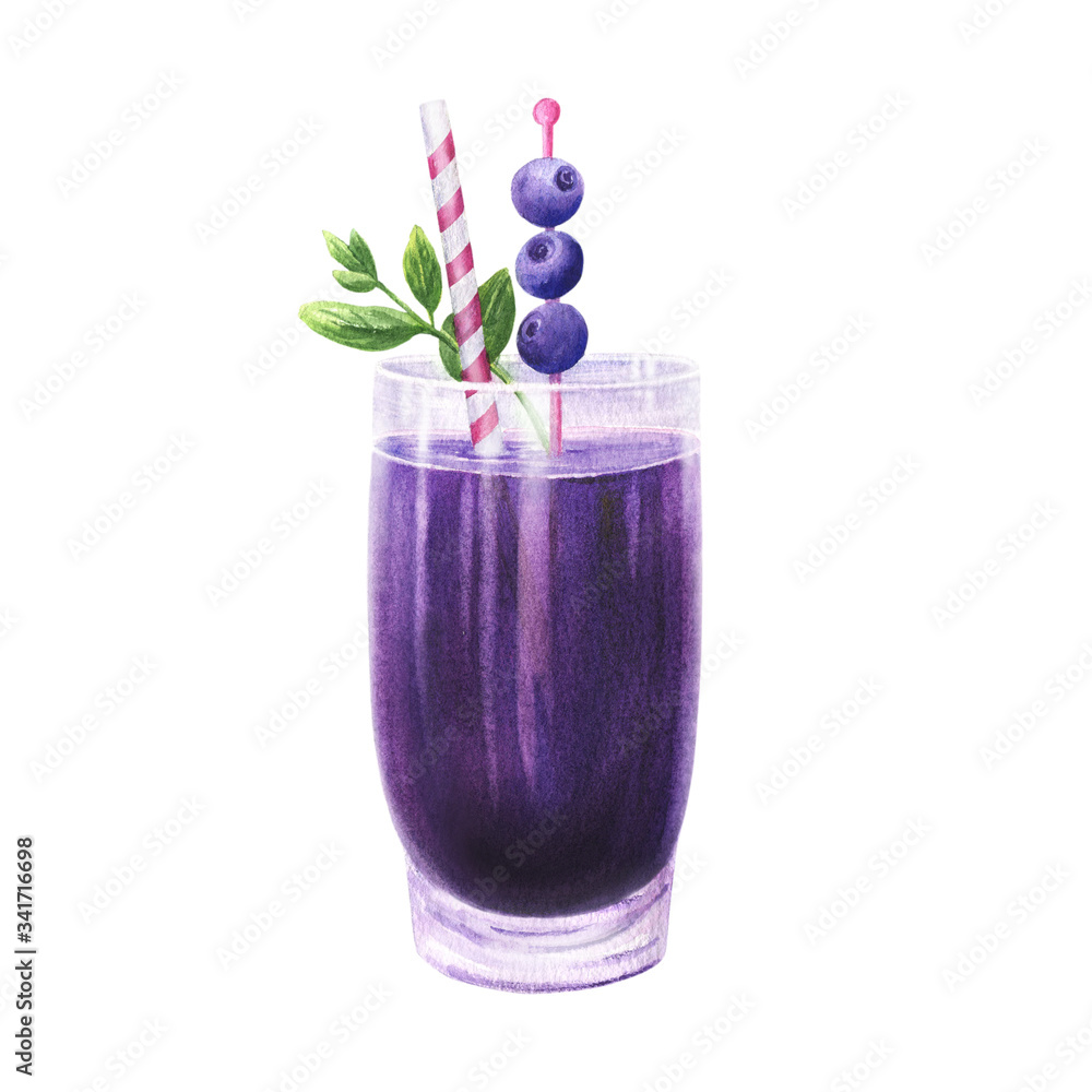 Blueberry purple cocktail in clear glass. Decorated with a berry, mint ...