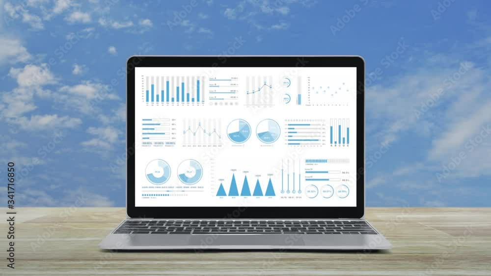 Statistics graphs, charts and diagrams data on modern laptop computer ...