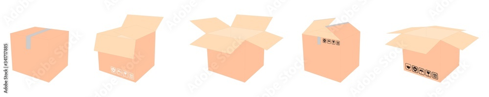 Carton delivery packaging open and closed box with fragile signs. Set ...