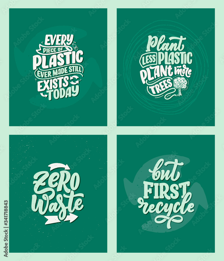 Vetor de Set with lettering slogans about waste recycling. Nature ...