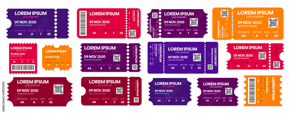 Ticket templates mockup, concert and movie ticket. Vector illustration ...