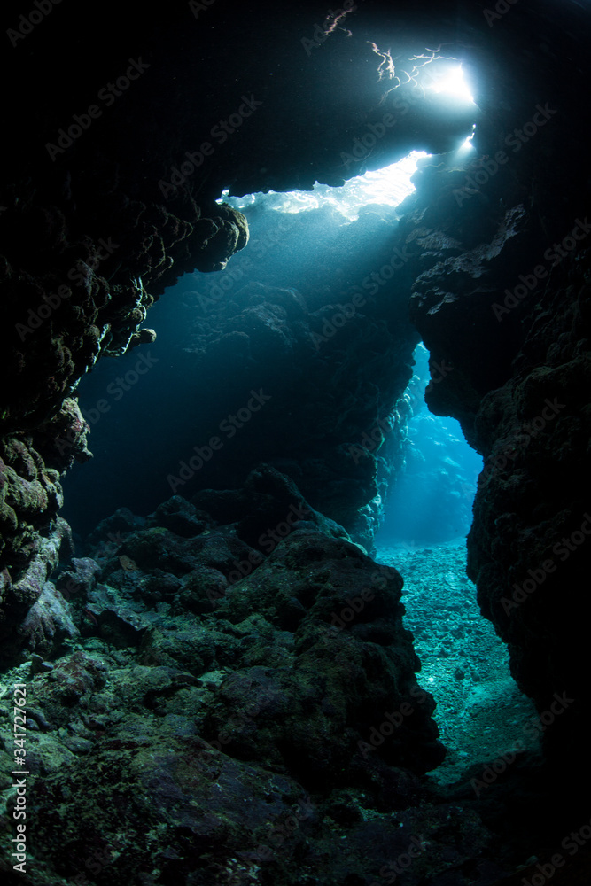 Light seeps into a dark, underwater cavern in the tropical Pacific ...