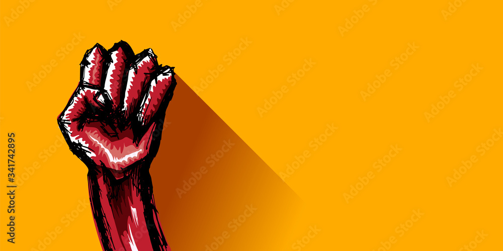 Vectro red protest fist isolated on orange horizontal banner background ...