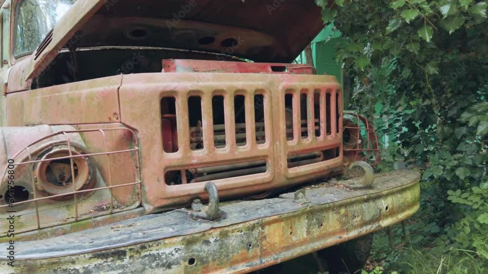 The destroyed old fire truck from the Soviet Union. Abandoned fire ...