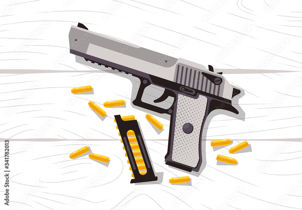Vector illustration of a pistol with bullets, cartridge and a pistol ...