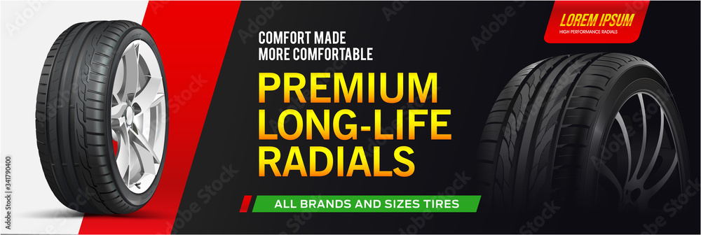 Realistic tire banner. Car wheel repair and auto rubber advertising ...