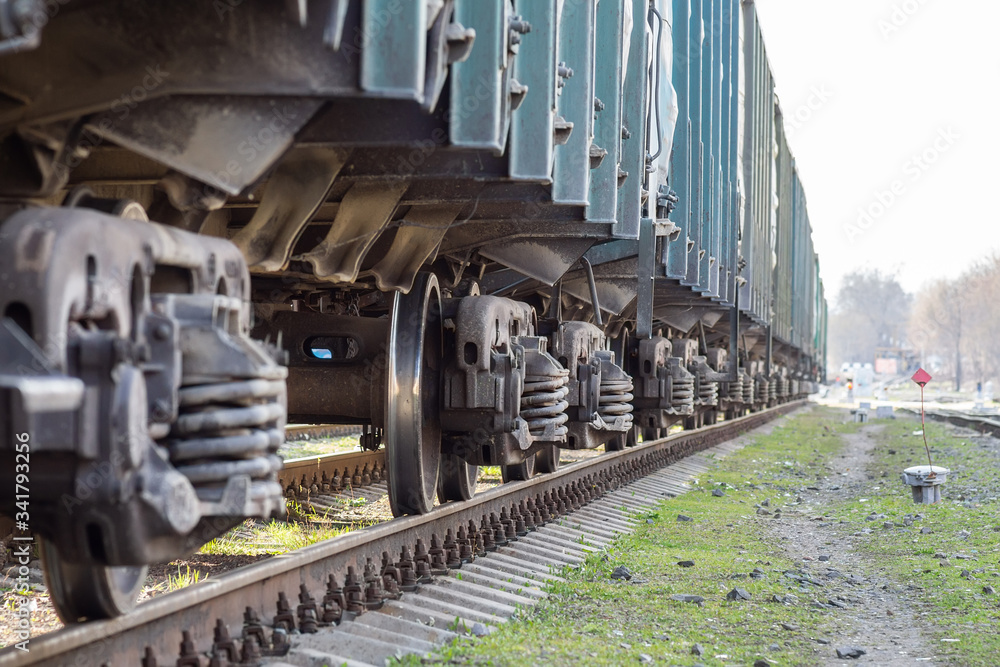 wheel of a railway car on the rails, close-up.Railway car Stock Photo ...