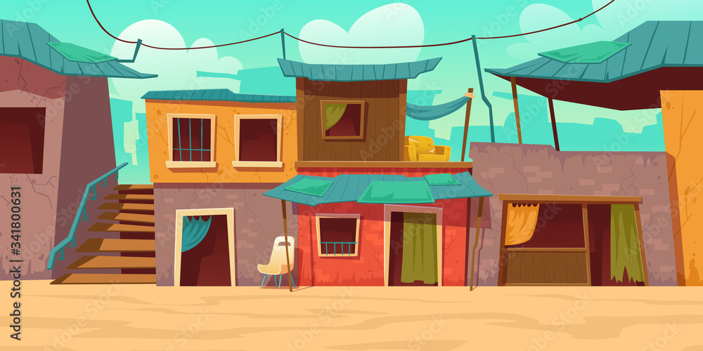Ghetto street with poor dirty houses. Vector cartoon illustration of ...