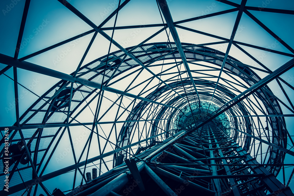 Steel structure of the observation tower in Batumi. Iron pipes create a ...