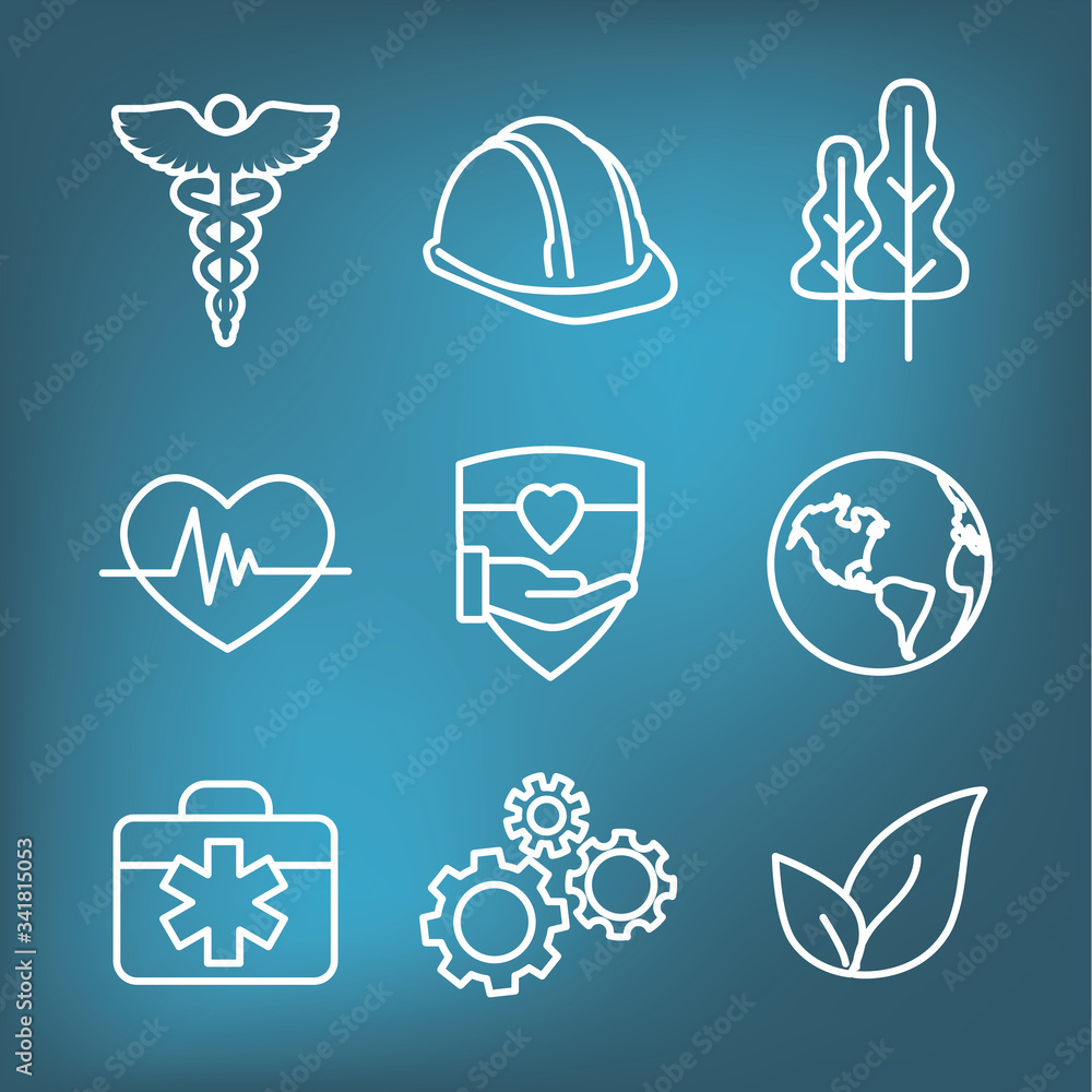 Health Safety and Environment Icon Set with medical, safety, & leaves ...