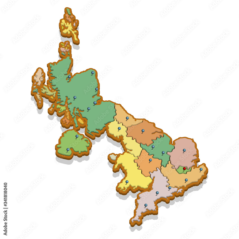 Isometric 3D map of the United Kingdom. Isolated political country map ...