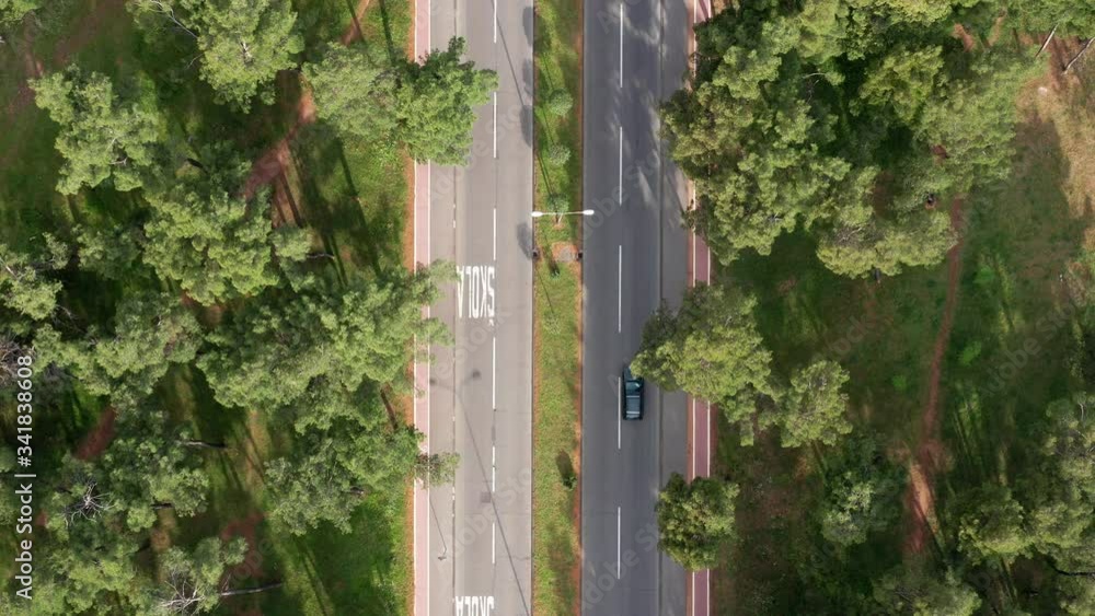Vidéo Stock Four lane street cutting through a green city park with ...