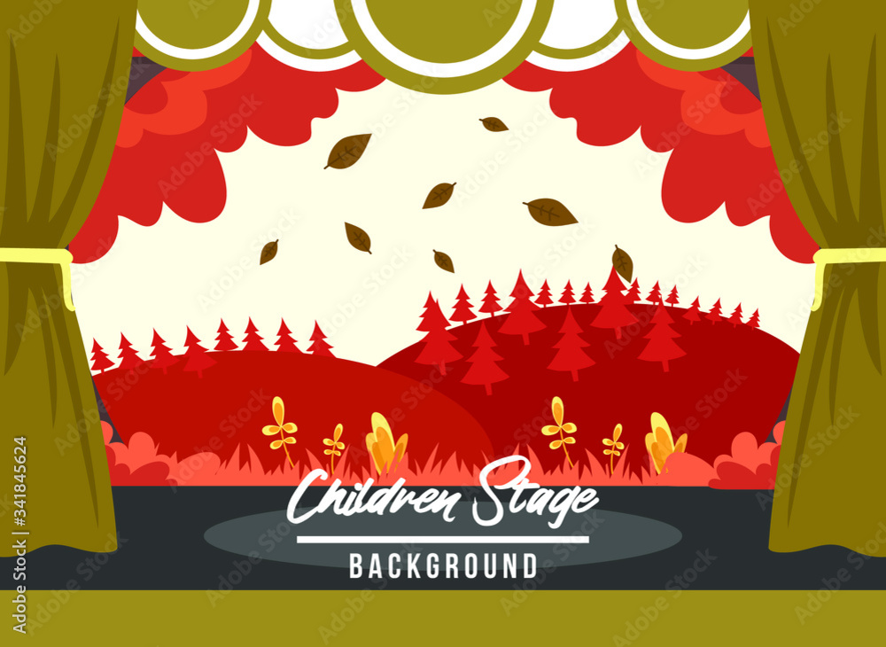 Black stage with curtain and Valley background. Flat Vector ...