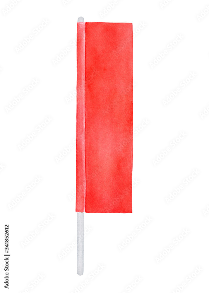Watercolour illustration of bright red vertical feather flag. One ...