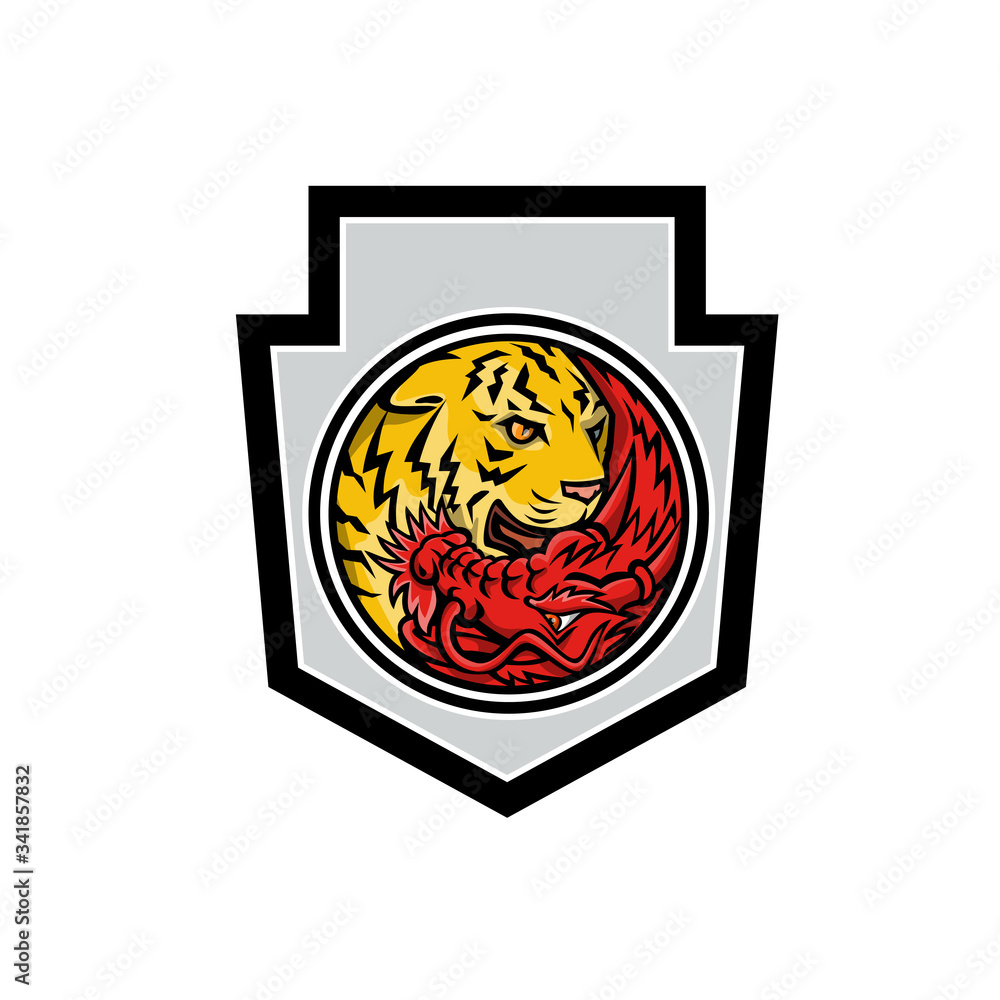 Mascot icon illustration of Chinese red dragon and tiger eye inside yin ...