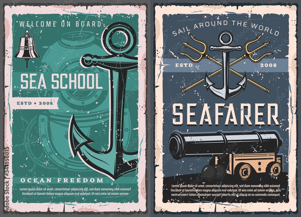 Nautical marine vintage retro vector posters. Sea school of captains ...